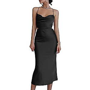 LYANER Women's Satin Cowl Neck Straps Slip Sexy Cut Out Cocktail Midi Dress Black Small