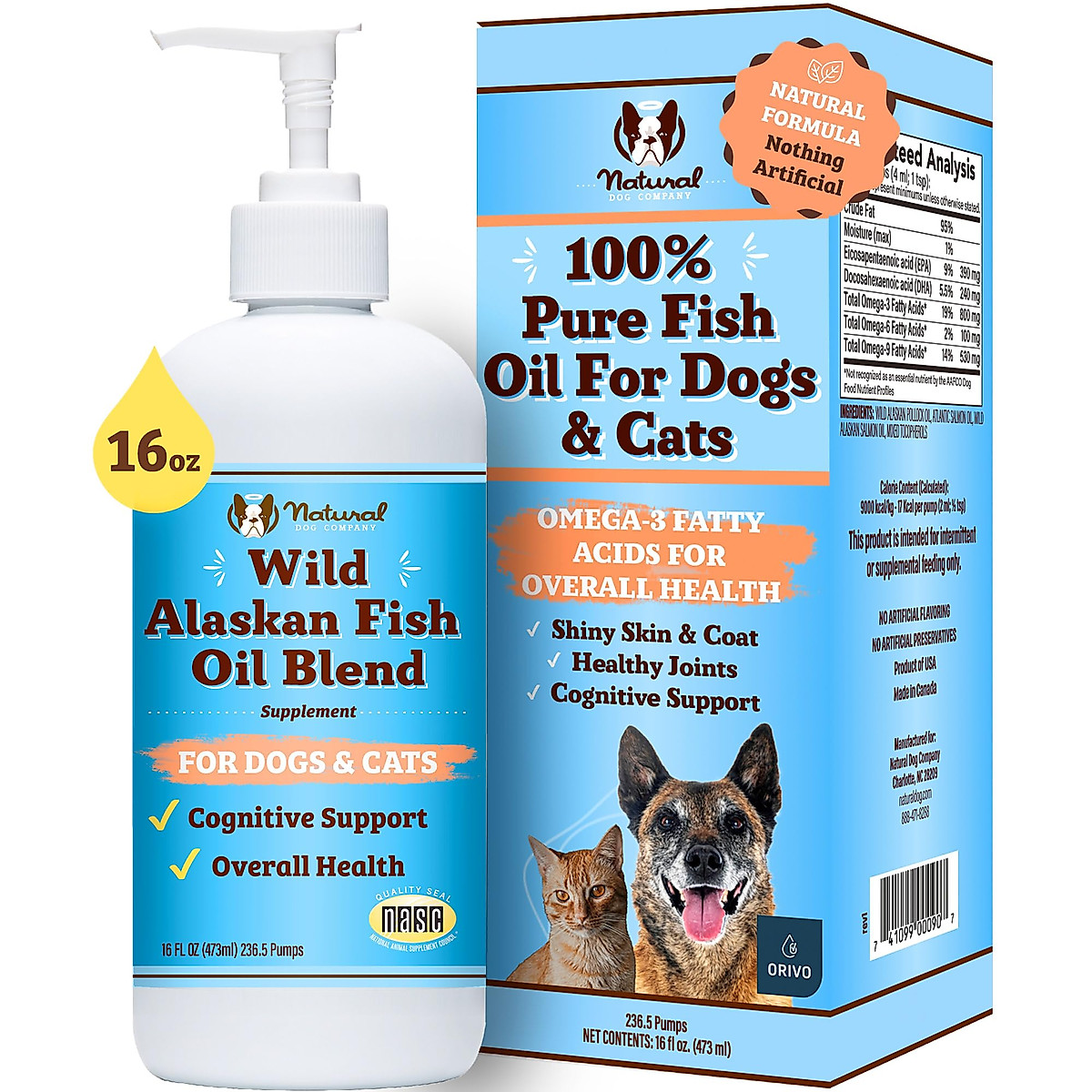 Natural Dog Company Wild Alaskan Fish Oil for Dogs and Cats (16oz) - Blend of Pollock Oil & Wild Salmon Oil for Dogs - EPA, DHA & Omega 3 for Dogs - Reduces Shedding, Nourishes Skin, Coat & Joints