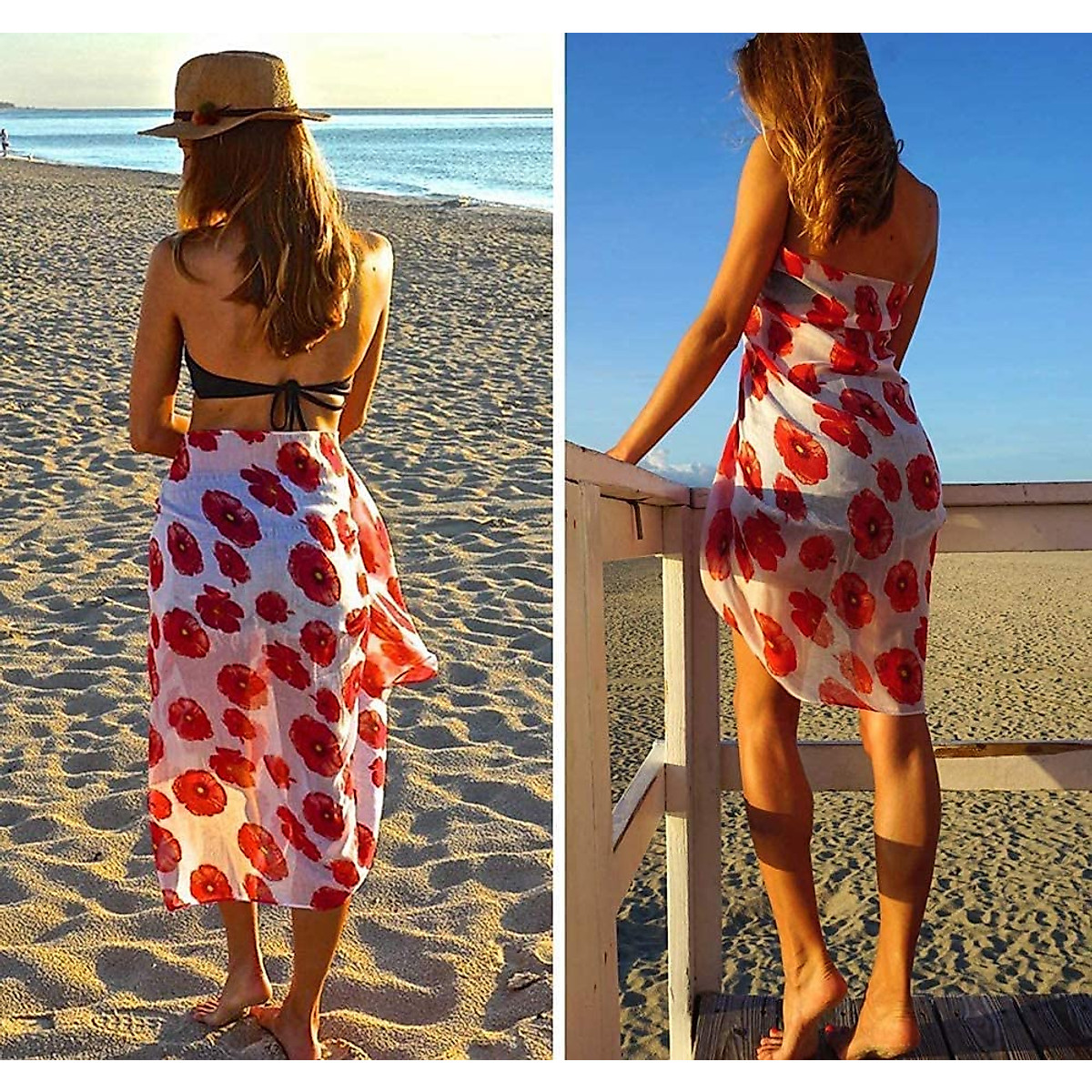 GERINLY Red Poppy Floral White Scarf for Women Oblong Shawl Wrap for Summer Travel Cotton Voile Beach Sarong