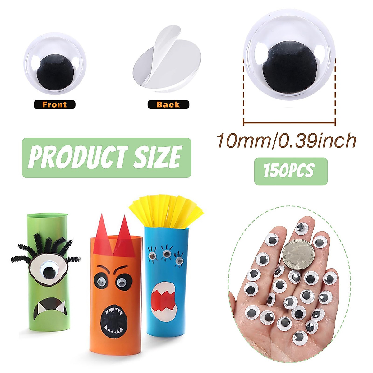 TOAOB 150pcs 10mm Plastic Wiggle Googly Eyes Self Adhesive Black Round Sticker Eyes DIY Arts Crafts Scrapbooking Accessories