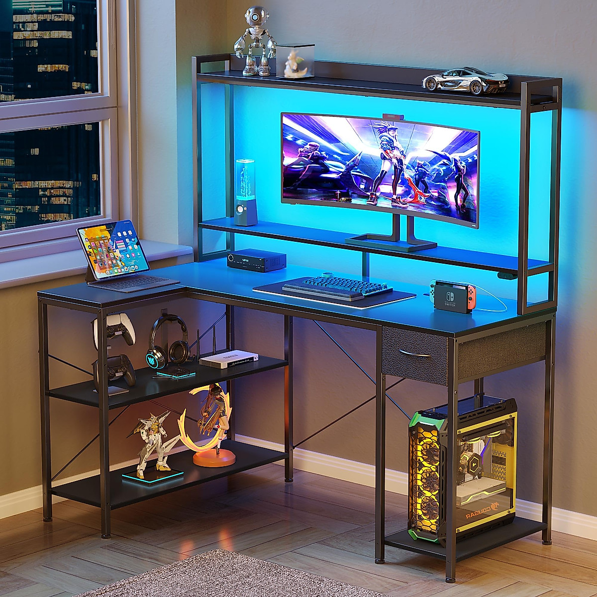 Seventable Gaming Desk with LED Light & Power Outlets, 47 inch Computer Desk with Shelves, Reversible L Shaped Desk with Monitor Stand, Corner Desk for Small Space, Black