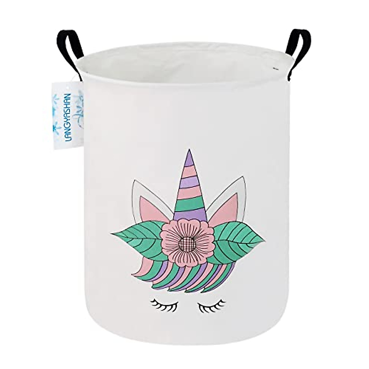 LANGYASHAN Laundry Basket Canvas Fabric Collapsible Organizer Basket for Storage Bin Toy Bins Gift Baskets Bedroom Clothes Children Nursery Hamper (Leaf Unicorn)
