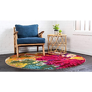 Unique Loom Estrella Collection Colorful, Abstract, Floral, Watercolors, Modern, Distressed Area Rug, Round 6' 0" x 6' 0", Multi/Pink