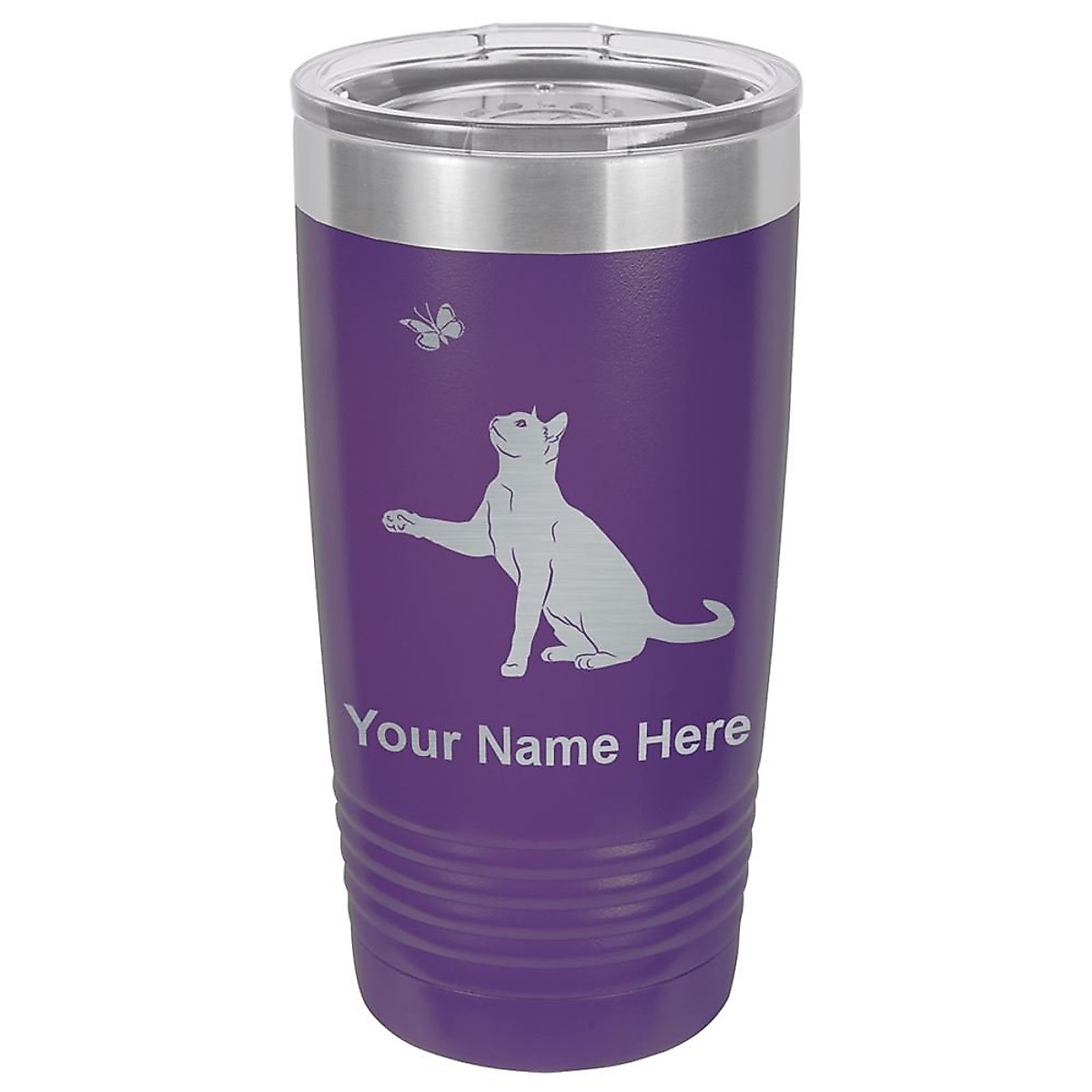LaserGram 20oz Vacuum Insulated Tumbler Mug, Cat with Butterfly, Personalized Engraving Included (Dark Purple)