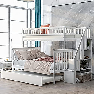 Merax Twin Over Full Bunk Bed with Trundle, Storage Staircase, and Guard Rail, No Box Spring Needed, White