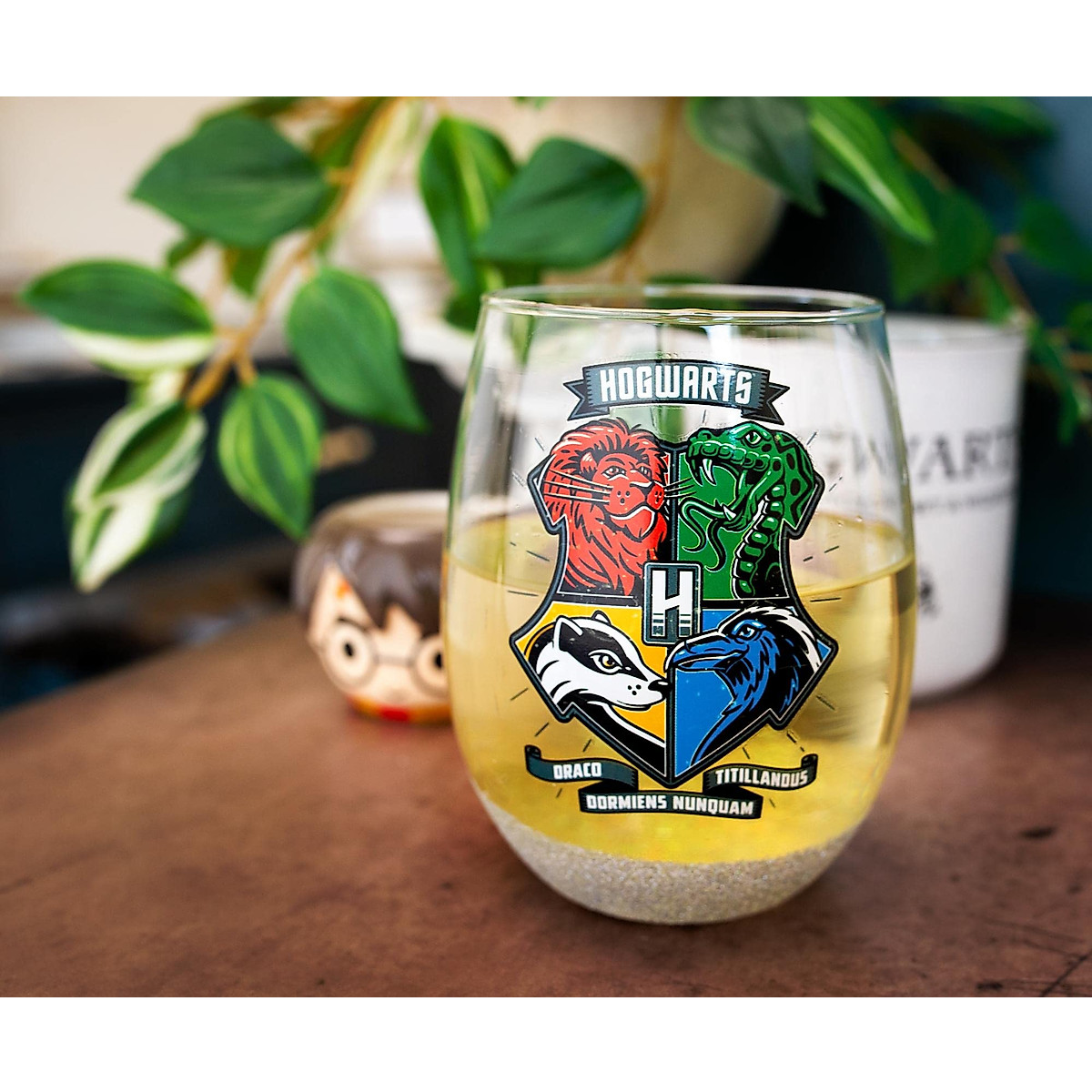 Silver Buffalo Harry Potter Animal Crests Teardrop Stemless Wine Glass | Holds 20 Ounces