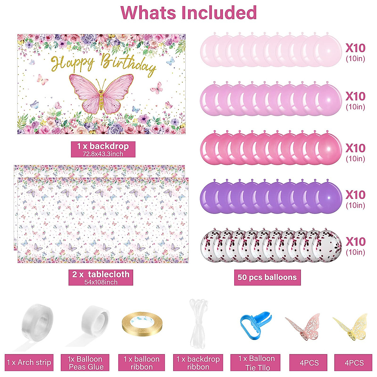 Pink and Purple Butterfly Party Decorations Include Pink Purple Balloon Arch Kit Butterfly Happy Birthday Photography Backdrop Banner Tablecloth for Girls Women Birthday Party Supplies Decor