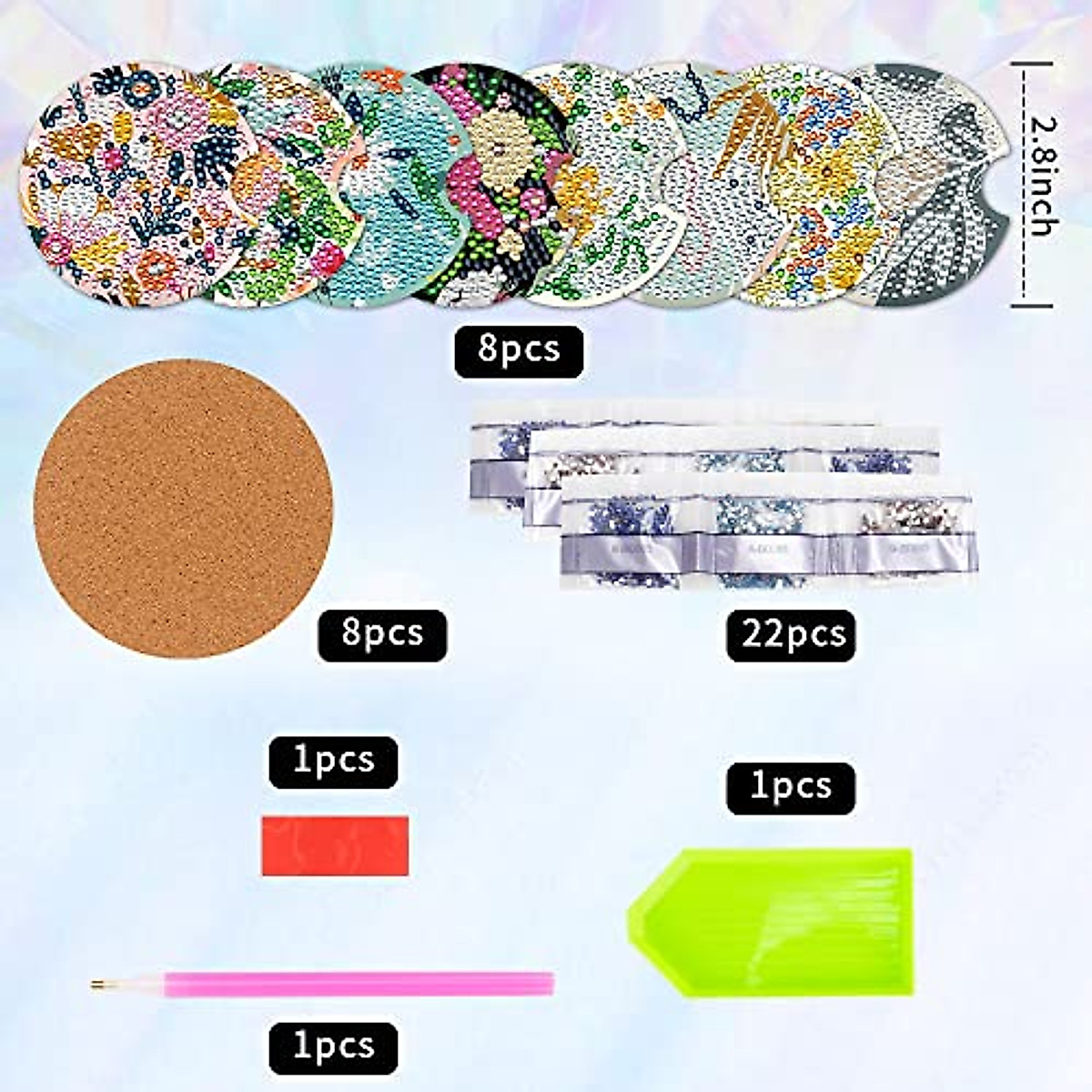 8 Pcs Diamond Painting Coasters, Flowers Diamond Art Car Coasters for Cup Holder, 2.8 Inches Flowers Diamond Art Coasters for Drinks, Small Diamond Painting Kits Supplies, DIY Crafts for Adults Kids