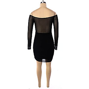 Uni Clau Women Sexy V Neck Mesh Patchwork Bodycon Dress Off Shouler See Through Long Sleeve Bodycon Dress Midi Party Club Dress Black L