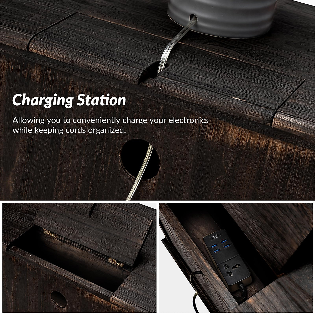 HULALA HOME Wood Nightstands Set of 2 with Charging Station Space, Bedside Tables 2 Drawer Dressers with Drawer and Wooden Legs, French Storages End Tables for Bedroom Living Room, Charcoal