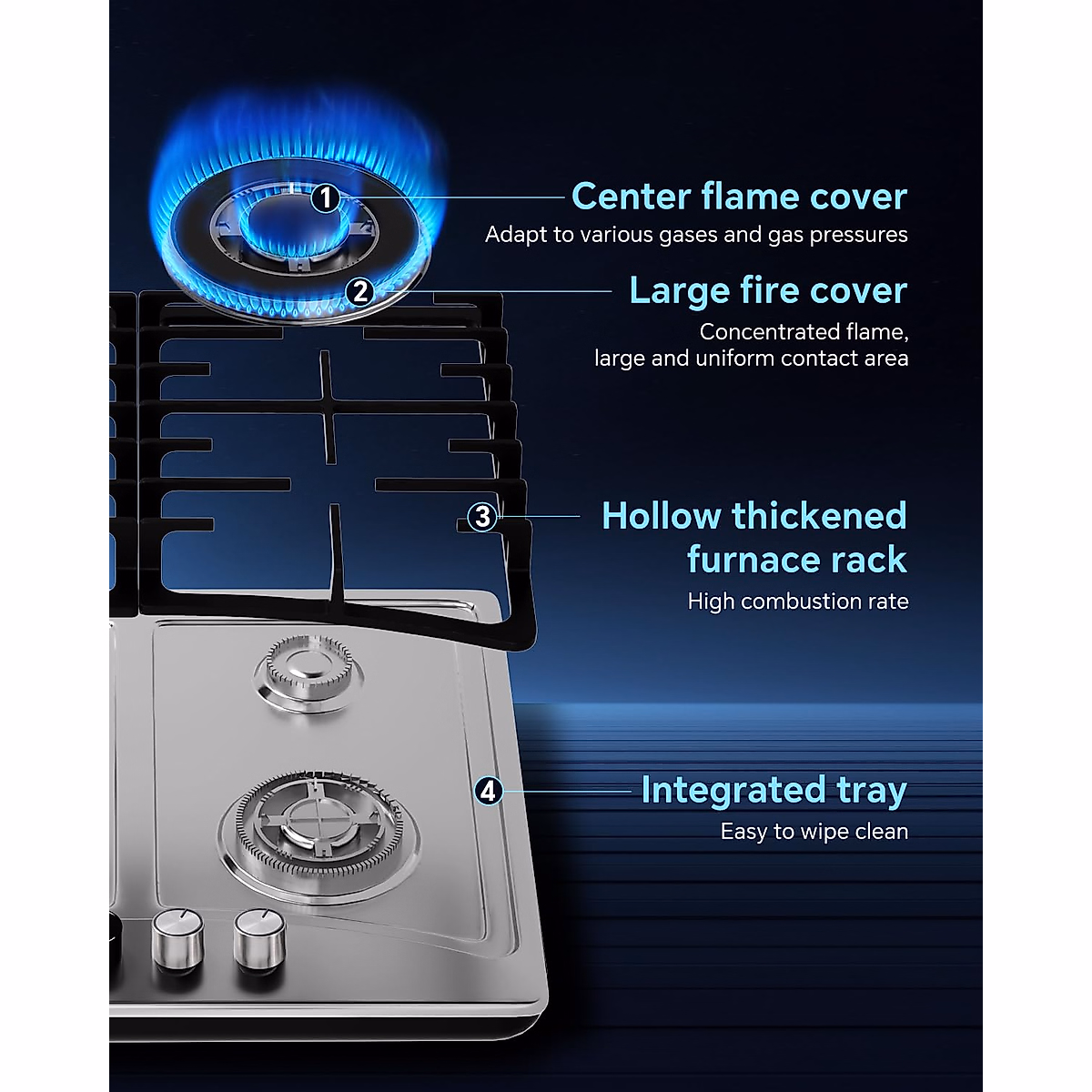 Ranein 2-Burner Gas Cooktop, 12-Inch Gas Stove Top Compatible with Thermocouple Protection, Built-in Gas Stove, 304 Stainless Steel Panel, Compatible with NG&LPG for Apartment and Indoor