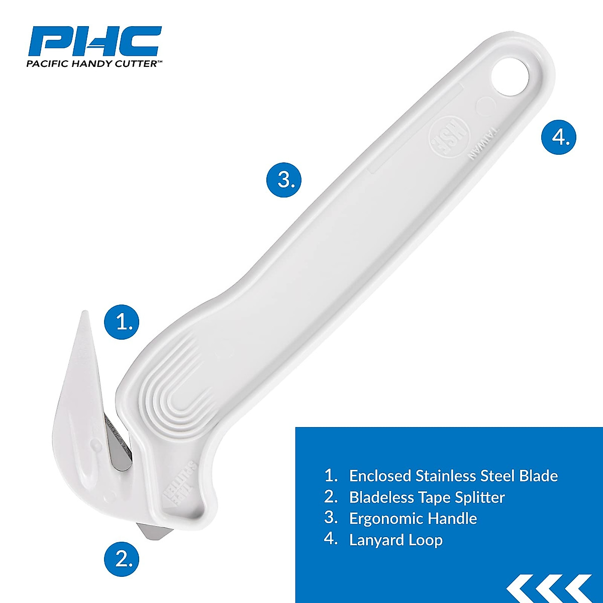 Pacific Handy Cutter Disposable Film Cutter | NSF Certified Food Safe Safety Box Cutter & Bladeless Tape Splitter | Perfect for Cryovac, Plastic Bags, & Shrink Wrap | White