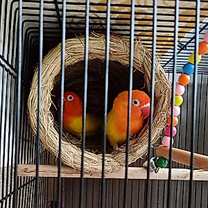 kathson Straw Bird Nest Natural Fiber Birdcage Birdhouse Parrot Hideaway Shelter Hut Parakeet Perch Hanging Bell Toys for Small Finch Canary Lovebird Resting Breeding Playing 4PCS