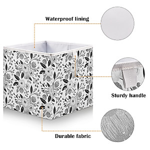 Poeticcity Black Grey Floral Flowers on White Square Storage Basket Bin, Collapsible Storage Box, Foldable Nursery Baskets Organizer for Toy, Clothes Easy to Assemble