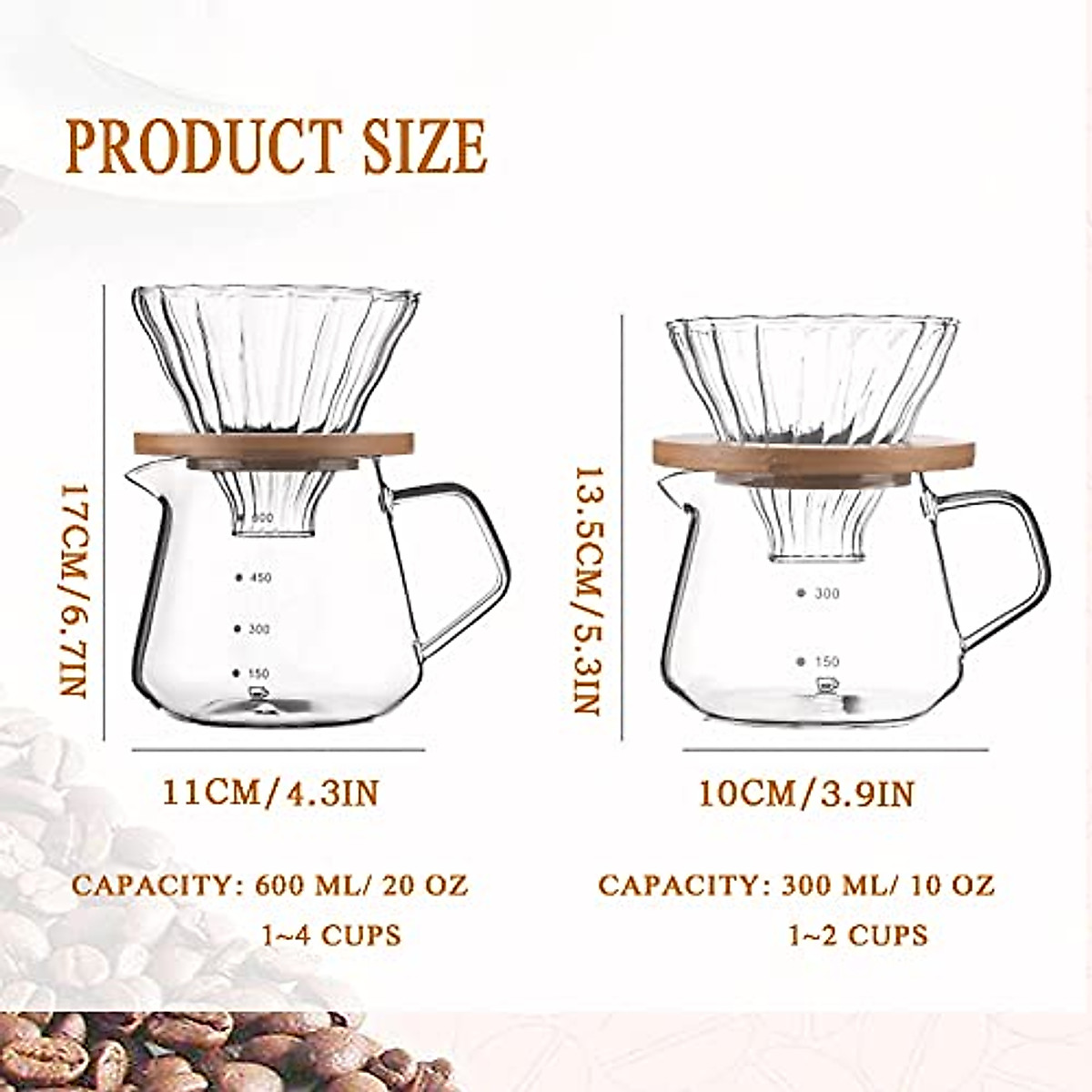 COFISUKI Pour Over Coffee Maker - 600ML Glass Carafe Coffee Server with Glass Coffee Dripper/Filter, Drip Coffee Maker Set for Home or Office, 1-4 Cups