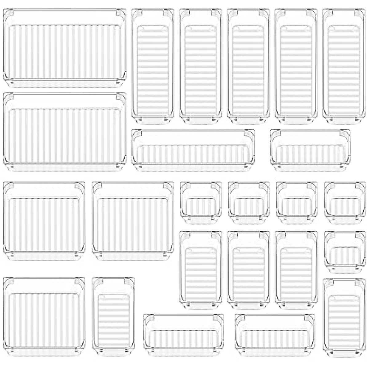 Puroma 24Pcs Drawer Organizer Set 5-size Versatile Vanity and Bathroom Drawer Organizers, Clear Plastic Desk Drawer Organizer Trays and Customize Layout Storage Bins for Makeup Kitchen Office (Clear)