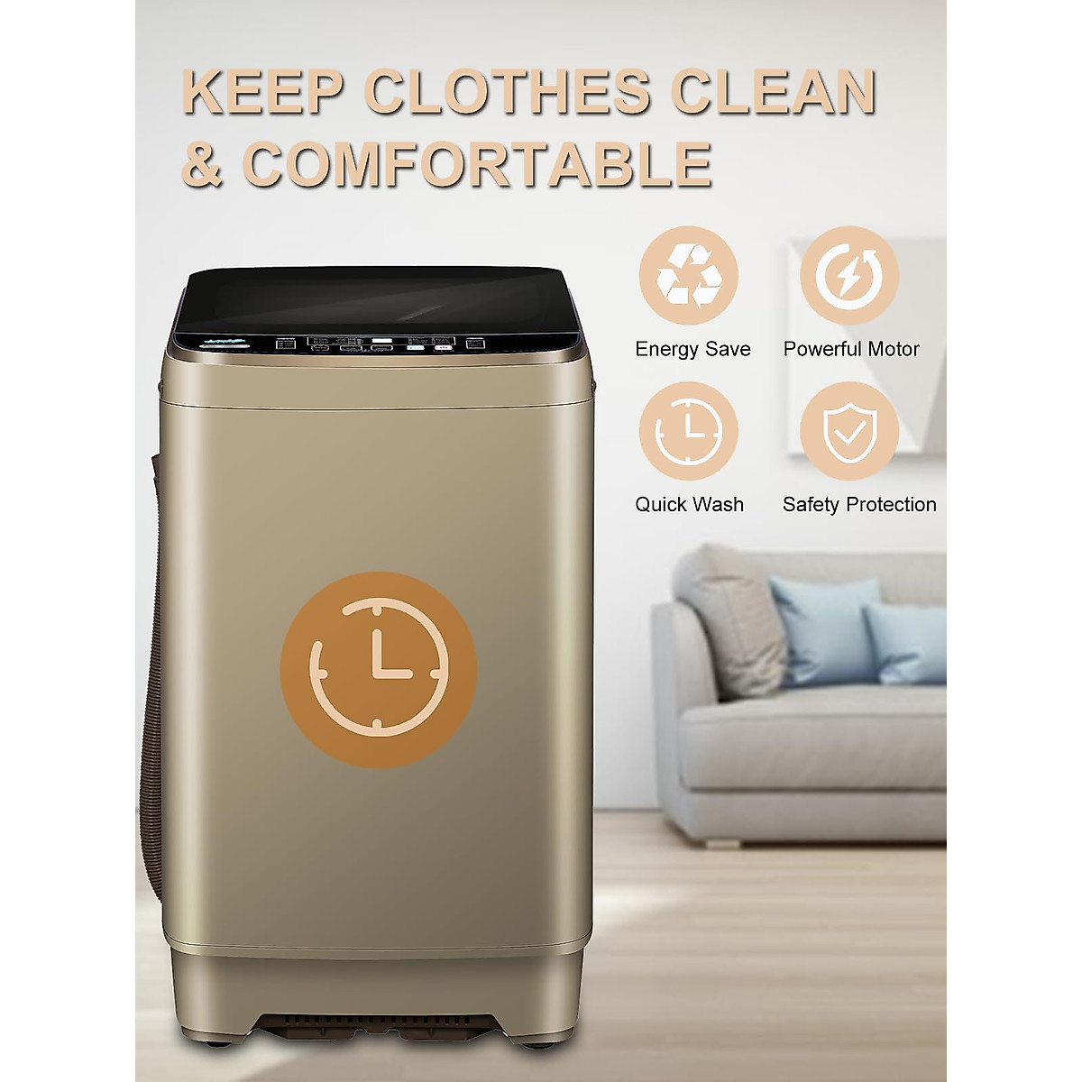 KRIB BLING Full Automatic Washing Machine 25lbs Compact Portable Washing Machine with LED Display, Drain Dump, 10 Wash Programs and 8 Water Levels Ideal for Dorms, Apartments, RV, Gold