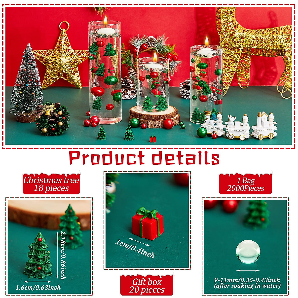 MTLEE 2106 Pieces Christmas Vase Filler Pearl for Vase Filler Pearls Candyland Water Gels Beads Candles Centerpiece for Christmas Home Table Party Decor(Pine Tree)