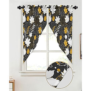 Autumn Maple Leaves Swag Curtains for Living Room/Kitchen/Bedroom/Bathroom, Yellow White Gold Leaf Black Backdrop Swag Valance Curtains Short Half Kitchen Topper Curtains Window Swag 2 Panels 28x36