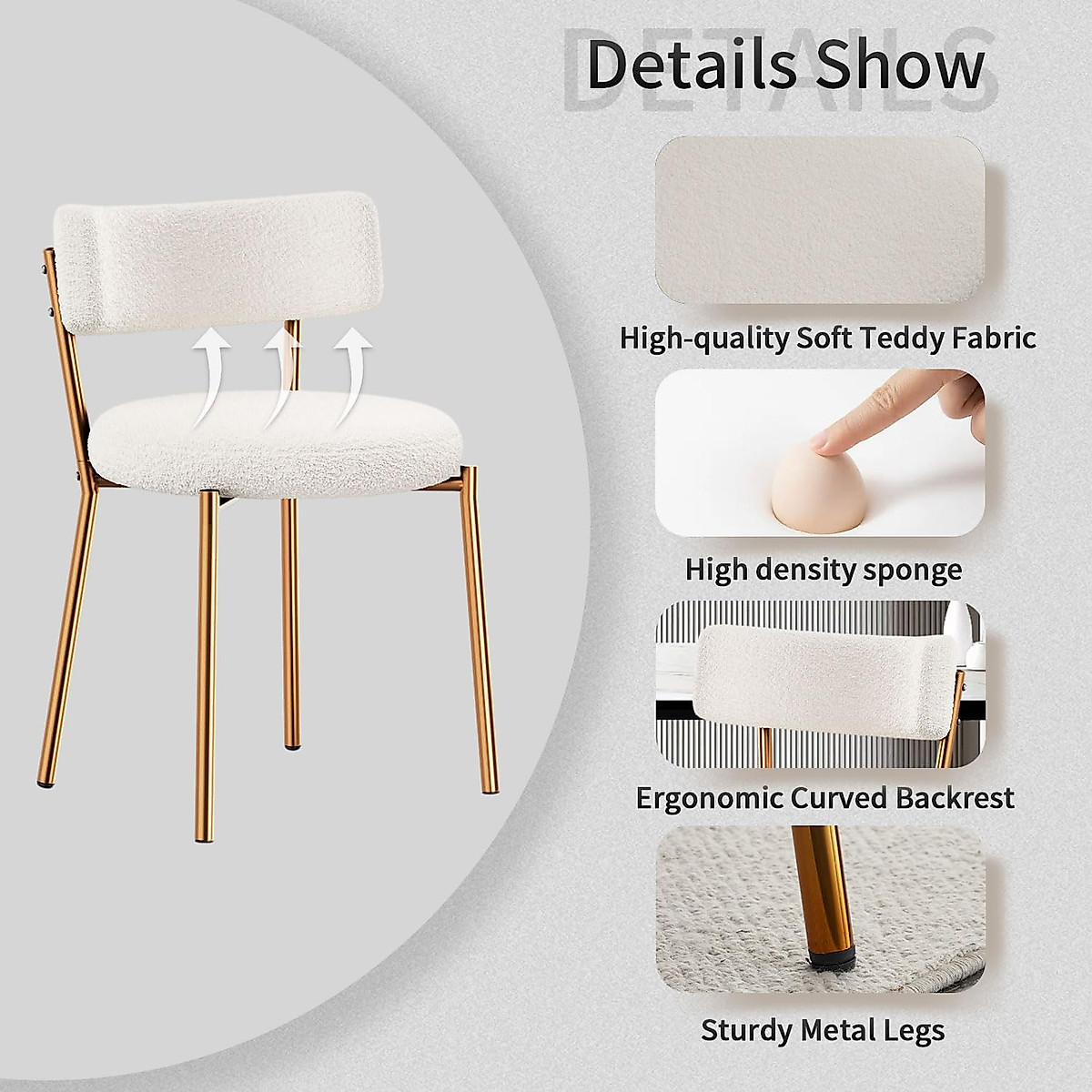 HAIZAO Modern Dining Chairs Set of 4, Round Upholstered Boucle Sherpa Dining Chairs, Curved Backrest Kitchen Dining Room Chairs, Mid-Century White Dining Chair with Golden Metal Legs