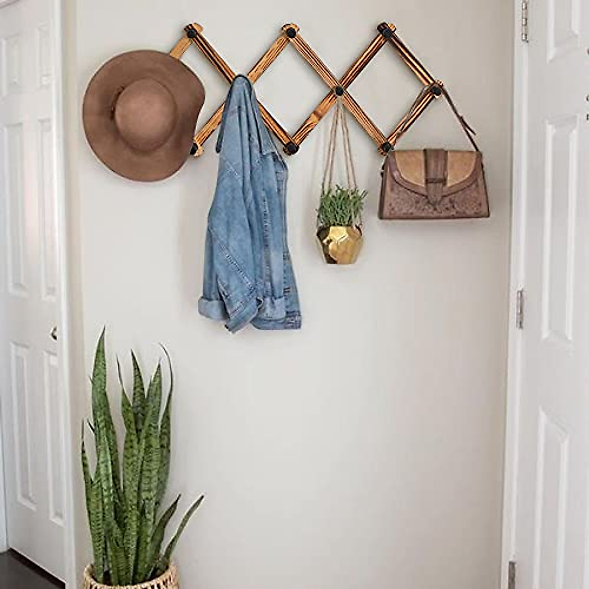 WGFKVAS 2 Pack Expandable Coat Rack, Accordion Wall Hangers, Wooden Hat Rack Wall Mounted, Hat Hooks for Keys, Hat, Coffee Mug, Coats, 10 Peg Hooks