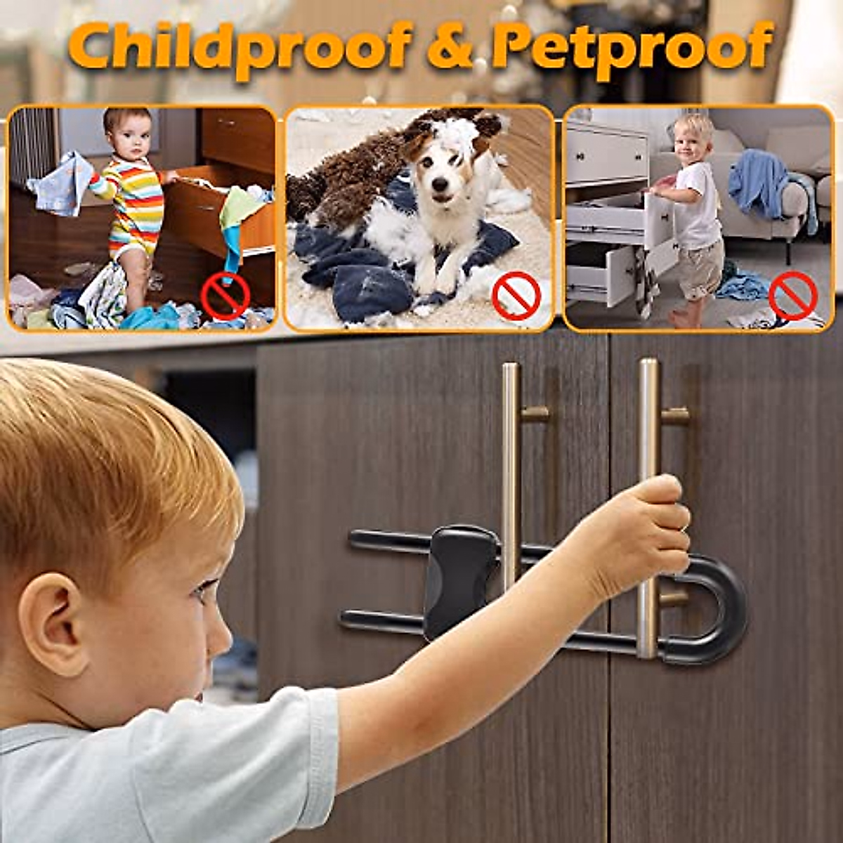 10 Pack Cabinet Locks for Babies, Baby Proofing Cabinet Locks, Adjustable U-Shaped Sliding Cabinet Child Safety Locks Childproof Latches for Knob Handles on Kitchen Storage Door Closet Dresser (Black)