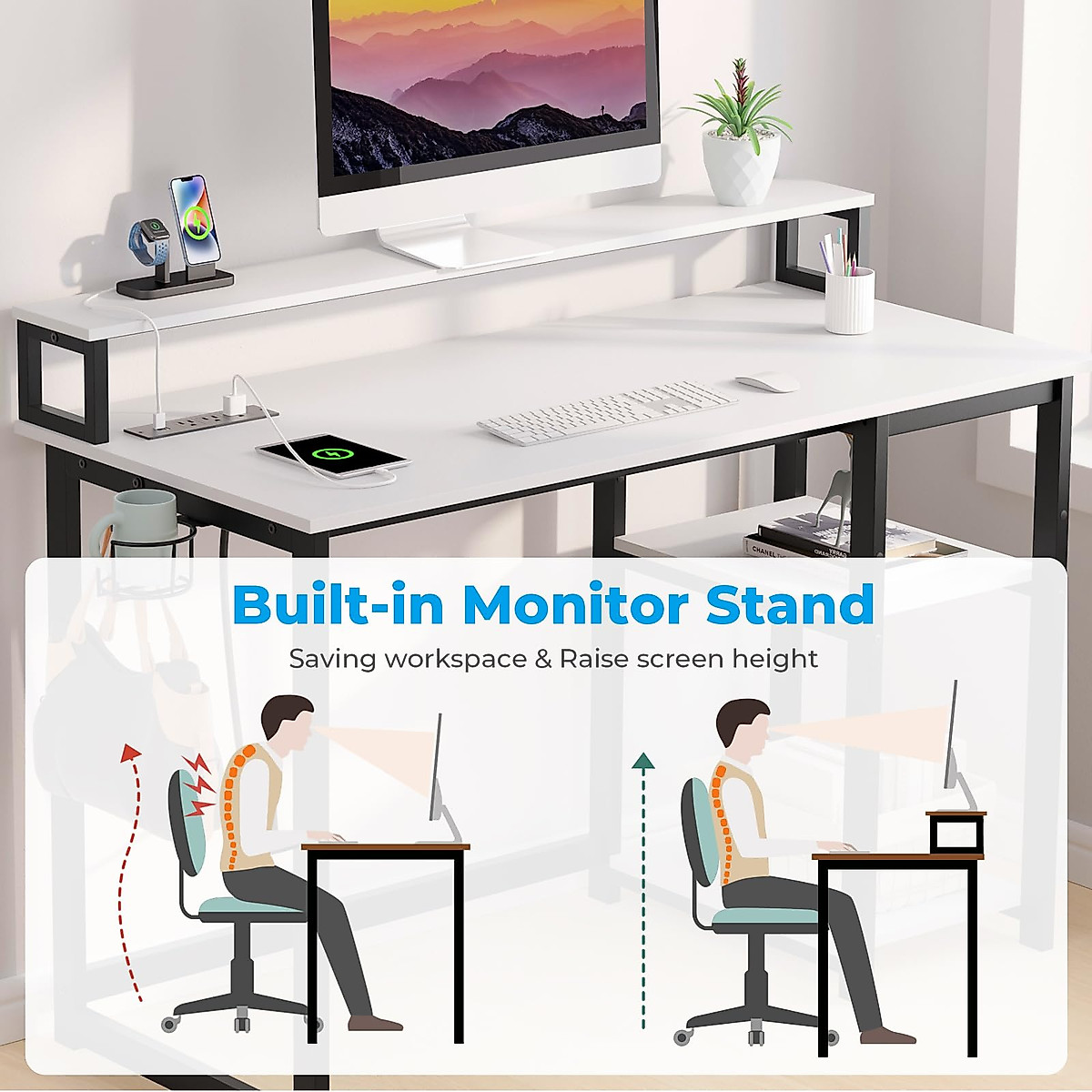 GreenForest Computer Desk with USB Charging Port and Power Outlet, Reversible Small Desk with Monitor Stand and Storage Shelves for Home Office, 40 in Work Desk with Cup Holder Hook, White