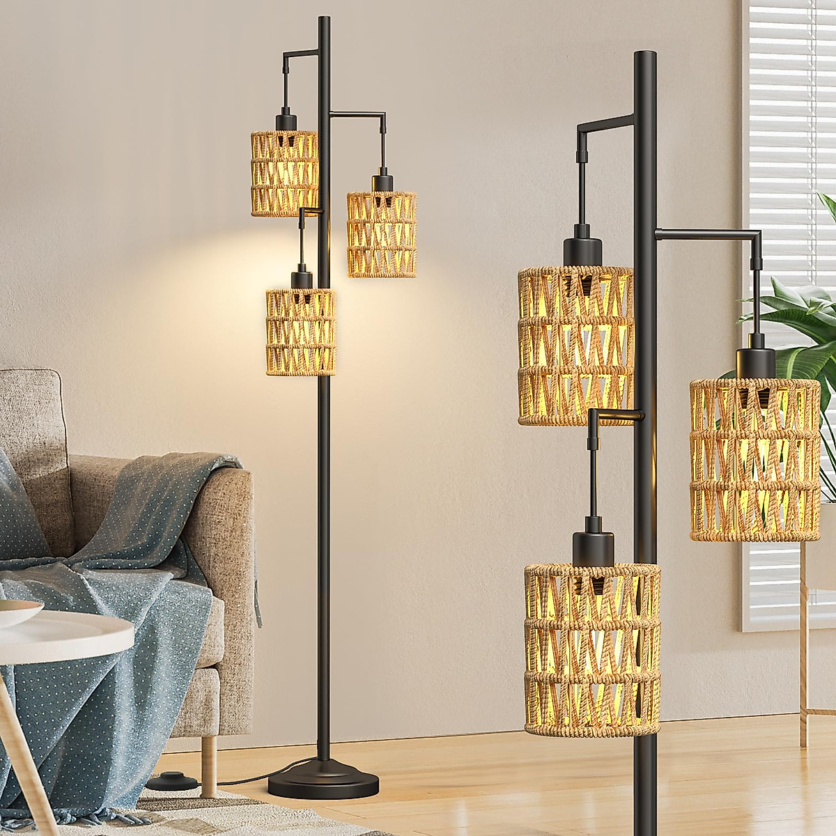 CNXIN 3-Lights Rattan Floor Lamps with ON/Off Foot Switch Tree Standing Lamp with Wood Rattan Lampshades Boho Floor Lamp Tall Pole Lamp for Living Room Bedroom Office, 3 PCS 6W Bulbs Included