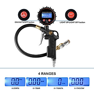 CZC AUTO Digital Tire Inflator Pressure Gauge, LED Display Tyre Deflator Gage with Straight Brass Lock-on Chuck Rubber Hose, Compatible with Air Pump Compressor for Truck Bus RV Car Motorcycle Bike