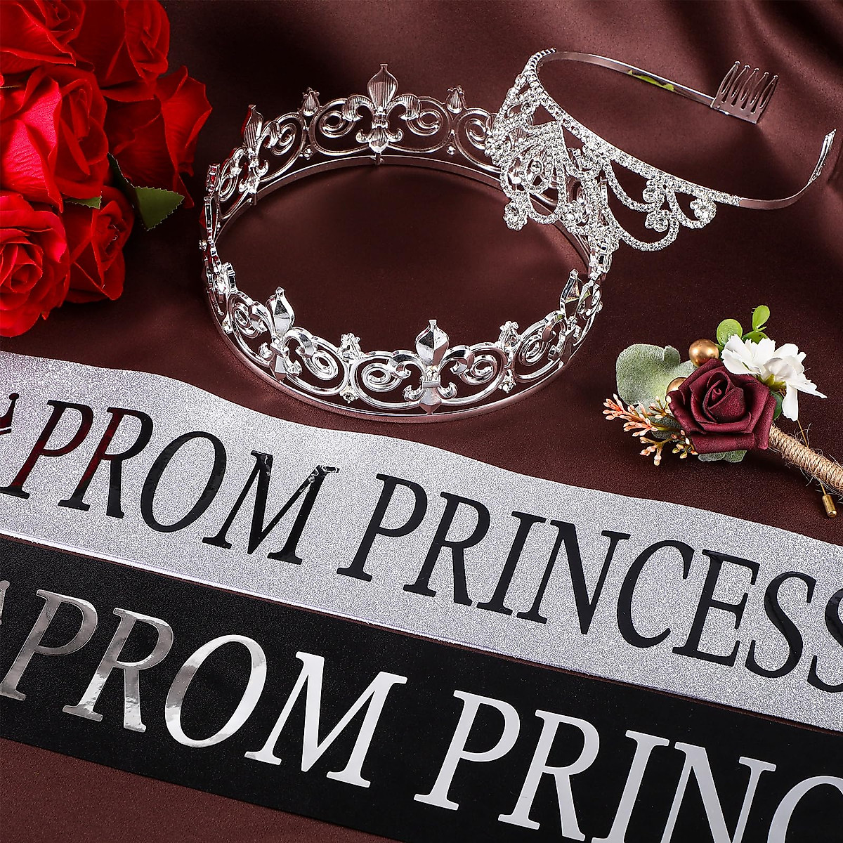 Saintrygo Prom Prince and Princess Crown Set with Sashes 80s Prom Party Favors for Halloween Cosplay 2024 Graduation(Nostalgic Style)