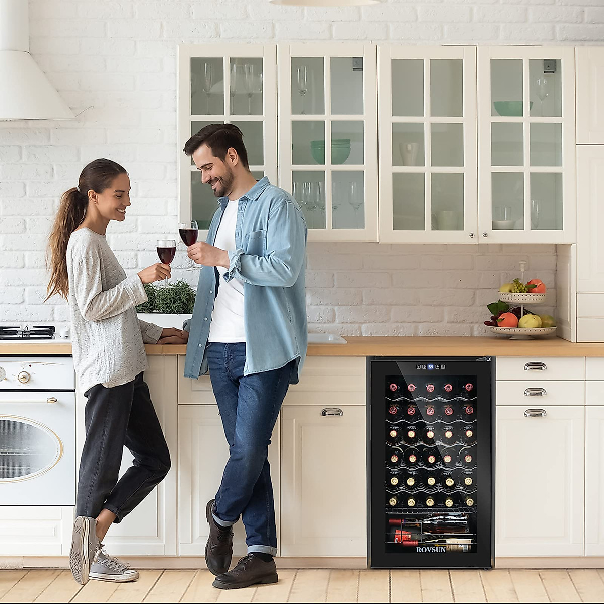 ROVSUN 34 Bottle Wine Cooler Refrigerator, Freestanding Compressor Wine Chiller, Beverage Wine Fridge with Digital Temperature Control & Double-layer Glass Door for Red White Wine, Champagne, Beer