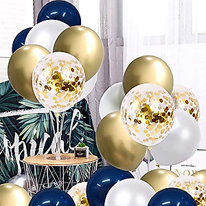 Navy Blue and Gold Confetti Balloons, 50 pcs 12 inch Pearl White and Gold Metallic Chrome Birthday Balloons for Celebration Graduation Party Balloons
