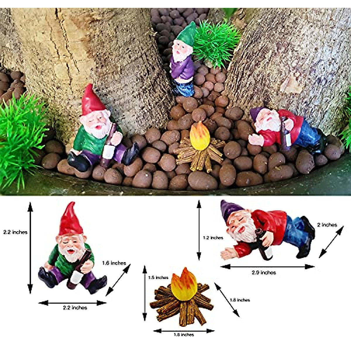 4pcs Miniature Gnome Fairy Garden,Collectible Garden Gnome with Fire Set,Garden Accessories Ornaments Decorations,Garden Gnomes Figurines Mini Landscape Gnome Statue for Outdoor/House Decor Gift