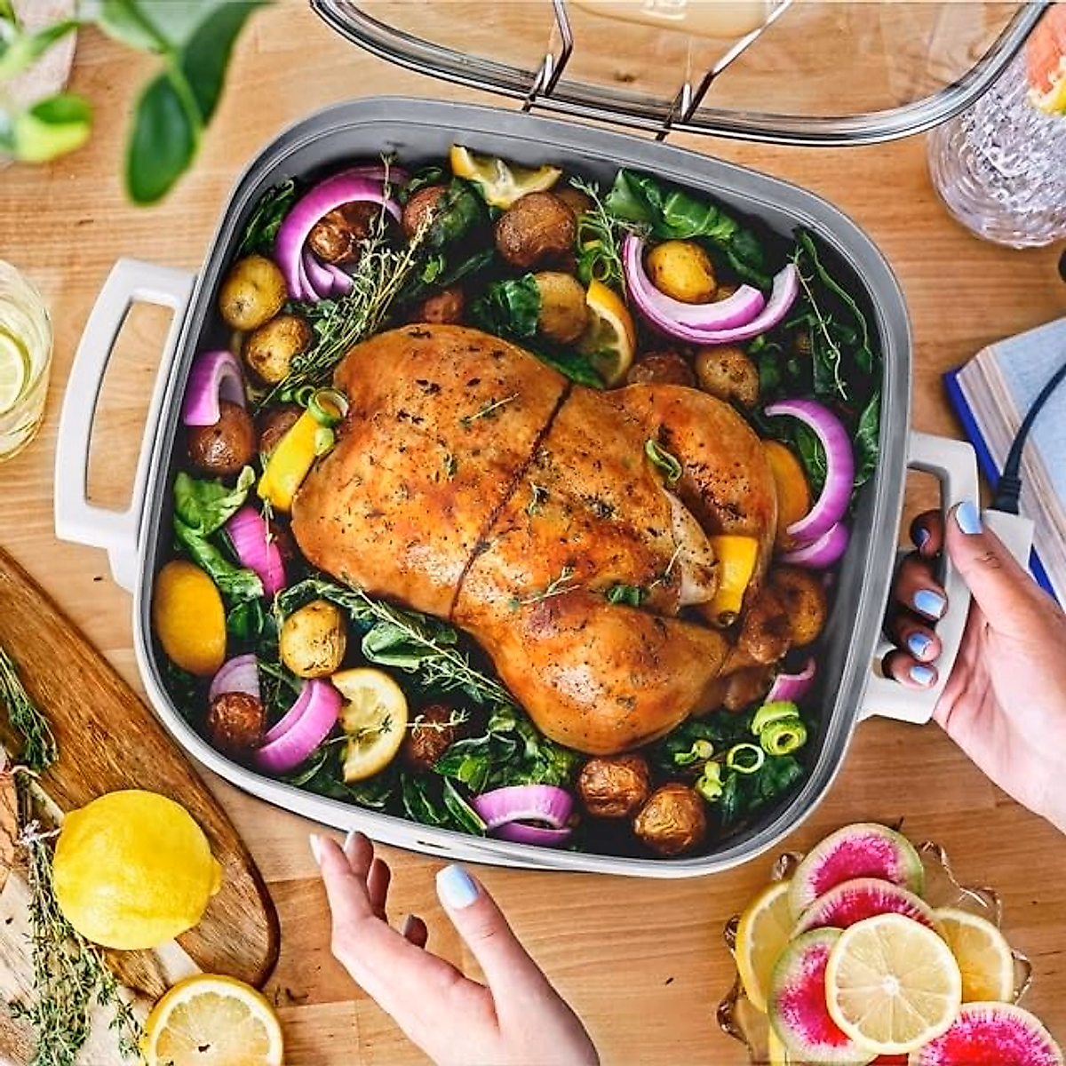 Thcbme 5 in 1 Electric Skillet - Expandable up to 7 Qt with Glass Lid (White Icing), 4SFSS1