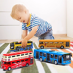 OTONOPI Bus Toys Pull Back School Bus Double Decker London Vehicles City Sightseeing Tour Bus Die Cast Metal Toy Cars Friction Powered Play Vehicle Toy Set for Kids 4 Pack