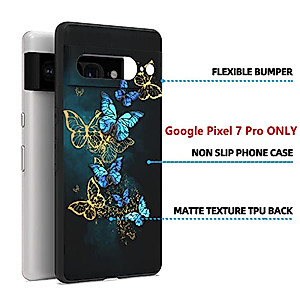 NKase for Google Pixel 7 Pro Case 2022, Google Pixel 7 Pro Case Full Body Matte Soft TPU Flexible Non Slip Bumper Shockproof Protective Pixel 7 Pro Phone Case, Gold/Blue Butterfly