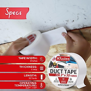 XFasten Super Strong Duct Tape, White, 3" x 30 Yards, Waterproof Duct Tape for Outdoor, Indoor, School and Industrial Use