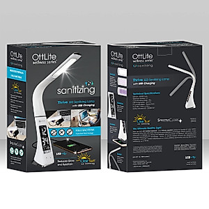OttLite Thrive LED Sanitizing Desk Lamp with Clock and USB Charging - Eliminates up to 99.9% of Bacteria, Touch Activated, Flexible Neck, Modern Light for Reading, Crafting & Office Desktop
