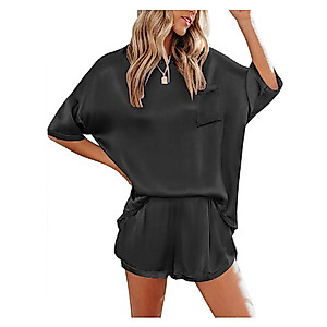 BEKOFO Women's Satin Silky Pajama Set Short Sleeve T-shirt With Shorts Set PJ Loungewear Brimaide Silk Lounge Sets Pajamas Gift for Wife Black X-Large
