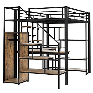 Full Size Metal Loft Bed with Storage Staircase and Small Wardrobe, Heavy Duty Loft Bed Frame with Built-in Desk and Storage Shelves for Kids Teens Boys Adults, Maximize Space Saving (Black-7.17)