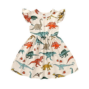 HAPPYMA Toddler Baby Girl Summer Dress Dinosaur Flutter Sleeve Dresses Outfits for Baby Girl Sundress Skirts Clothes (Vintage Dinosaur Dress, 2-3T)