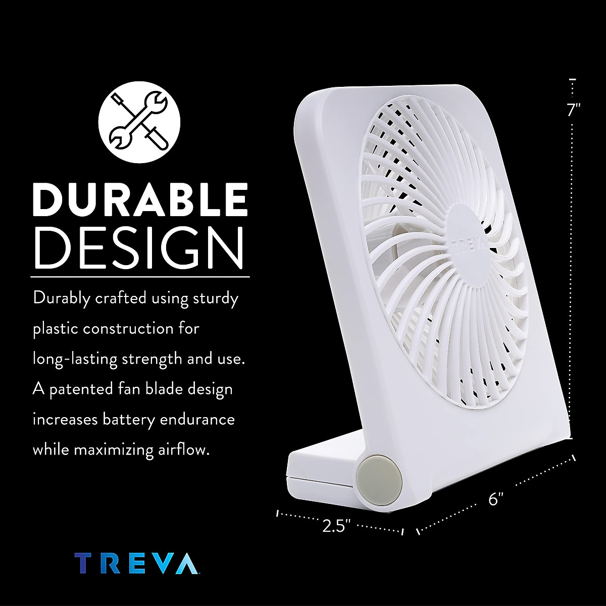 Treva 5-Inch USB and Battery Powered Desk Fan With Two Cooling Speeds and Adjustable Tilt, Small USB Fan Cubicle Accessories Durable and Long Lasting (White)