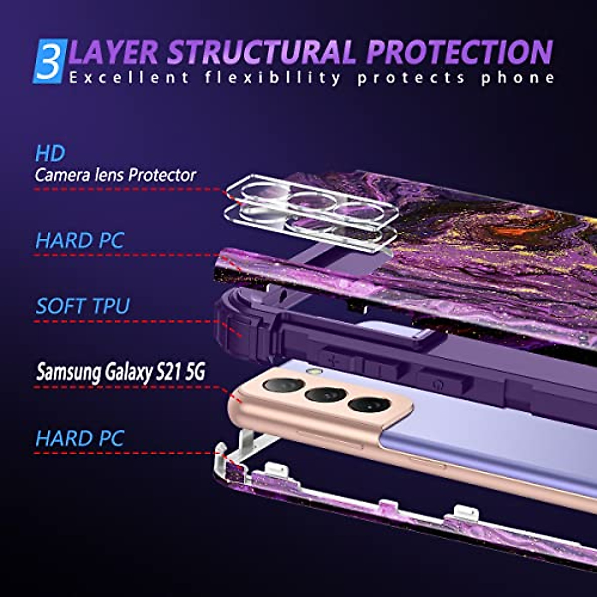 Miqala for Galaxy S21 5G Case with 2 Camera Lens Protector,Glow in The Dark Three Layer Shockproof Heavy Duty Full Body Protective Case for Samsung Galaxy S21 5G,Deep Purple