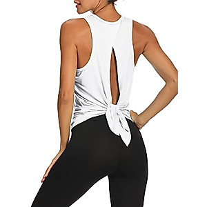 Bestisun Women's Yoga Workout Tank - Tie Back Athletic Gym Top, Activewear Muscle Shirt - White, Small