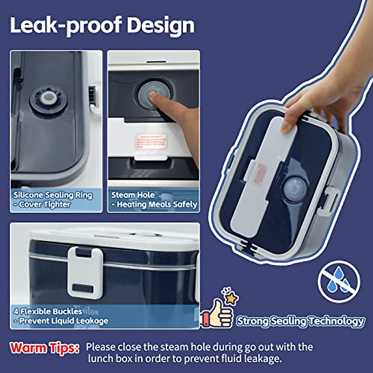 Timilon Electric Lunch Box Food Heater 60W Food Warmer Portable Self Heating Lunch Box for Car/Truck/Home with 1.8L Removable Stainless Steel Container Fork & Spoon (White+Dark Blue)