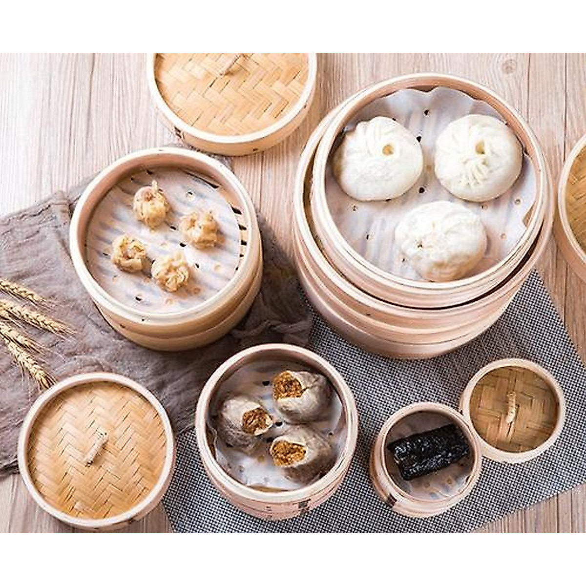 JapanBargain 2221, Bamboo Steamer Basket 6 inch Chinese Food Rice Vegetable Dim Sum Buns Chicken Meat Seafood Dumpling Steamer, 6-inch