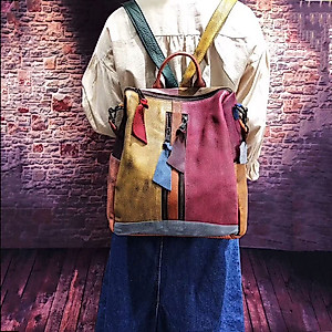 Downupdown 2 in 1 Backpacks for Women Genuine Leather Backpack Single Shoulder Bag Zipper knapsack Satchel Casual Daypack -Multicolour