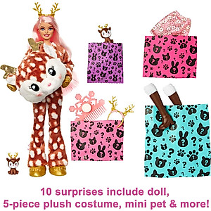 Barbie Cutie Reveal Doll, Snowflake Sparkle Series Deer Plush Costume, 10 Surprises Including Mini Pet & Color Change