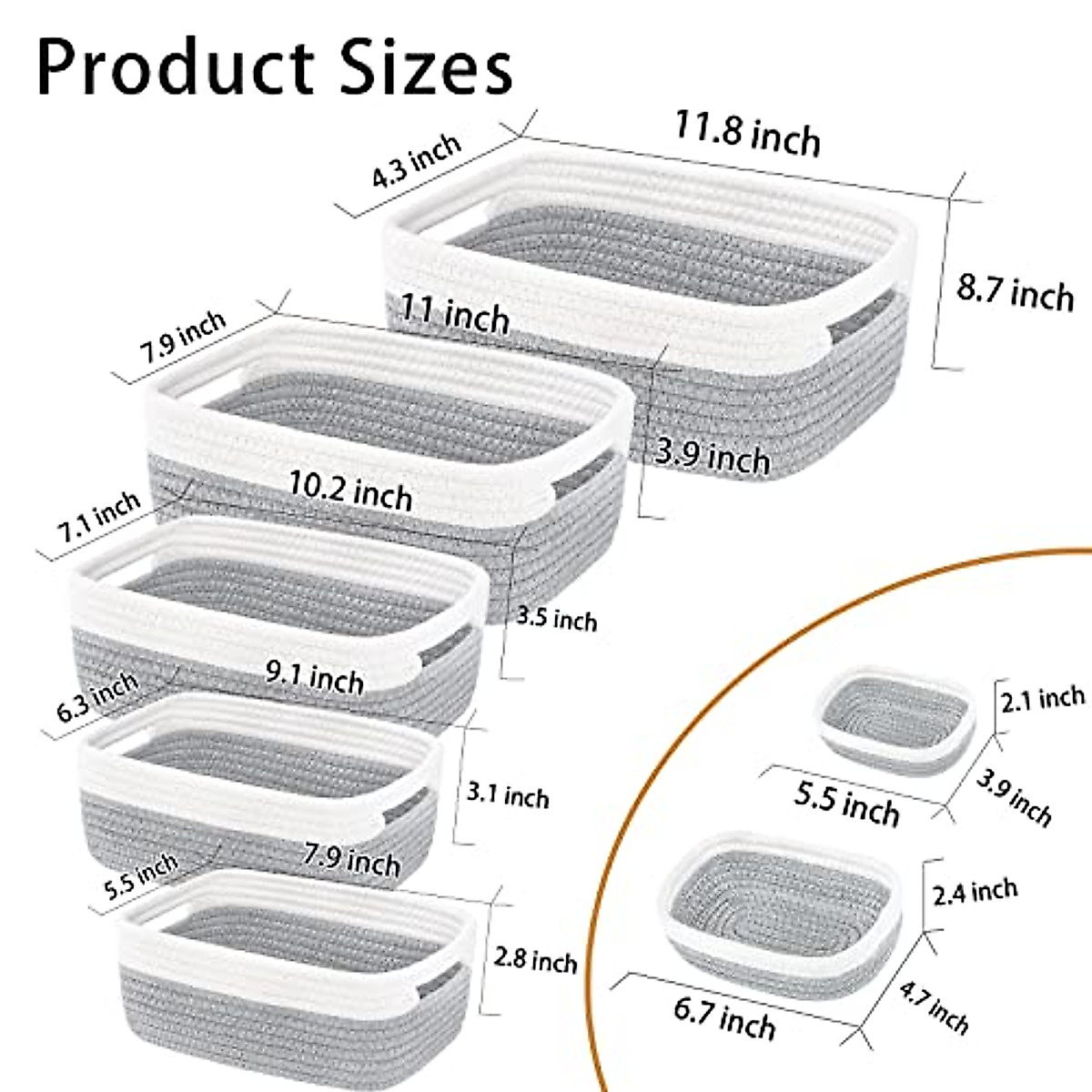 HLWDFLZ 7 Piece Cotton Rope Woven Basket Set - Woven Storage Basket Pets Toy Cotton Rope Basket for Organizing, Small Basket for Montessori, Dog Cat Toy Box, Baby Nursery (White/Gray)