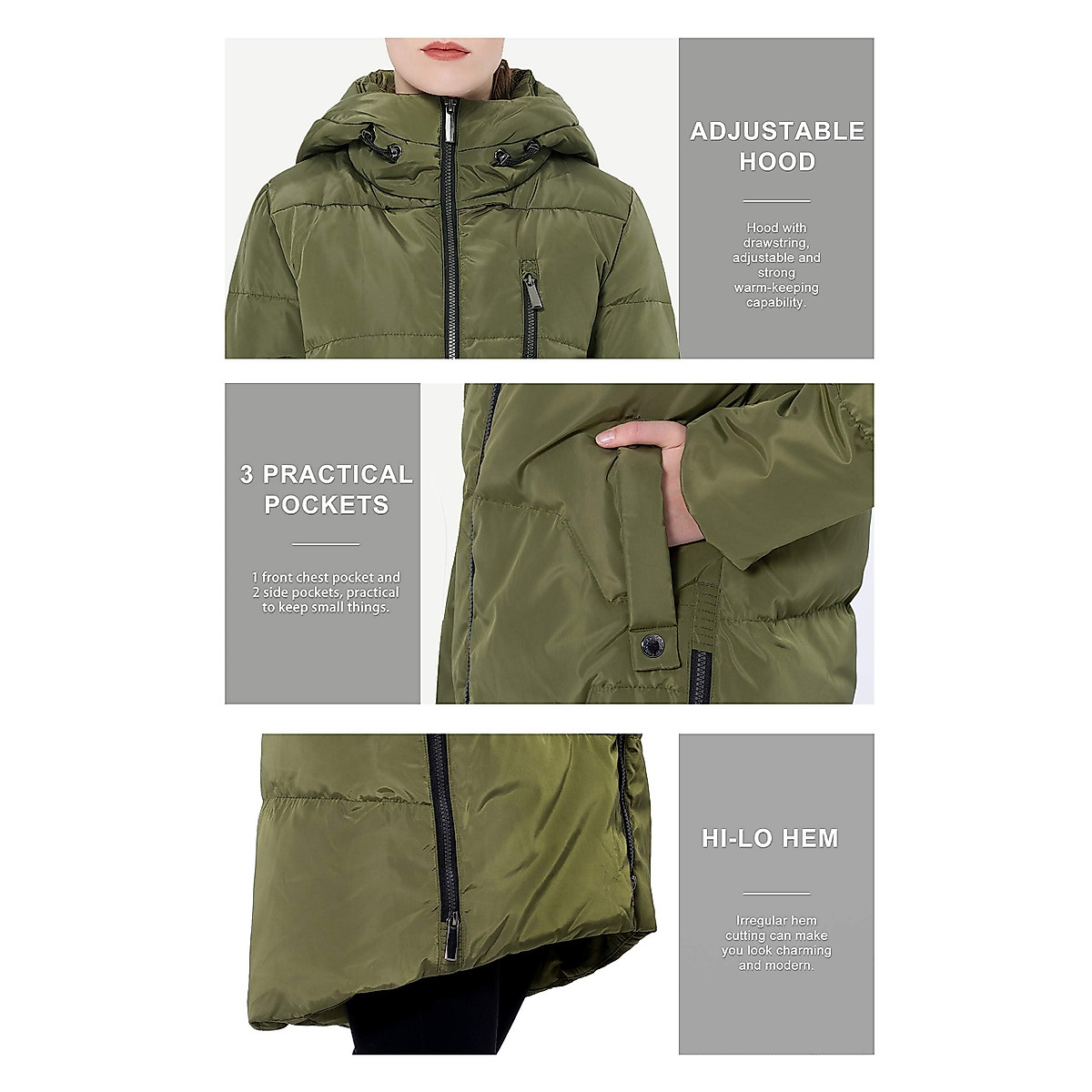 Orolay Women's Stylish Down Hooded Jacket with Two-Way Zipper Winter Down Coat Puffer Jacket Army Green M